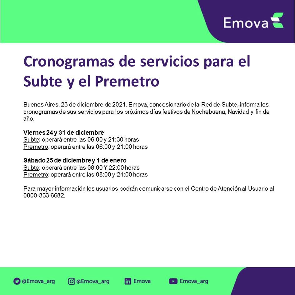 Cronograma de horarios para el subte y Premetro en Navidad y Año Nuevo