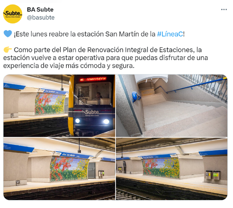 Una estación de subte reabrirá este lunes luego de casi tres meses