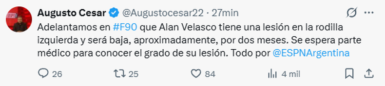 Alarma en Boca: Alan Velasco sufrió una lesión en la rodilla izquierda ...