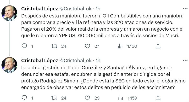 Cristóbal López apuntó contra actual gestión de YPF por encubrir ...