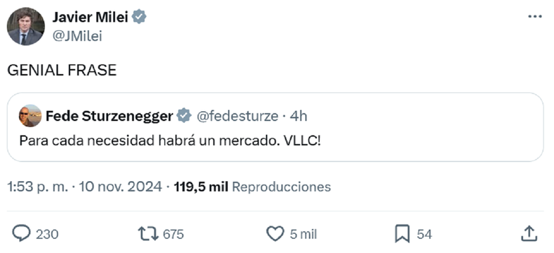 Javier Milei celebró una chicana de Federico Sturzenegger: que ridiculizó a Eva Perón