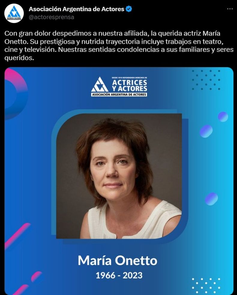 Falleció la actriz María Onetto a los 56 años