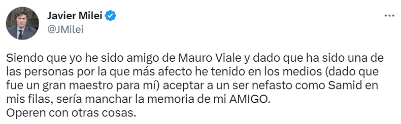Samid dijo que sería candidato de Milei en La Matanza y el líder ...