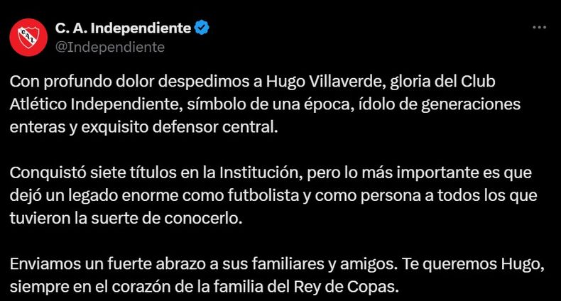 El fútbol argentino, de luto: murió Hugo Villaverde, ídolo de Independiente