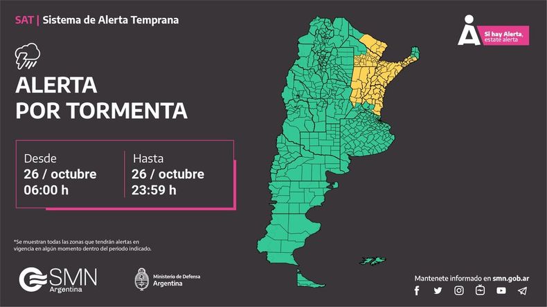 Alerta meteorológica por tormentas y vientos en 190 localidades argentinas