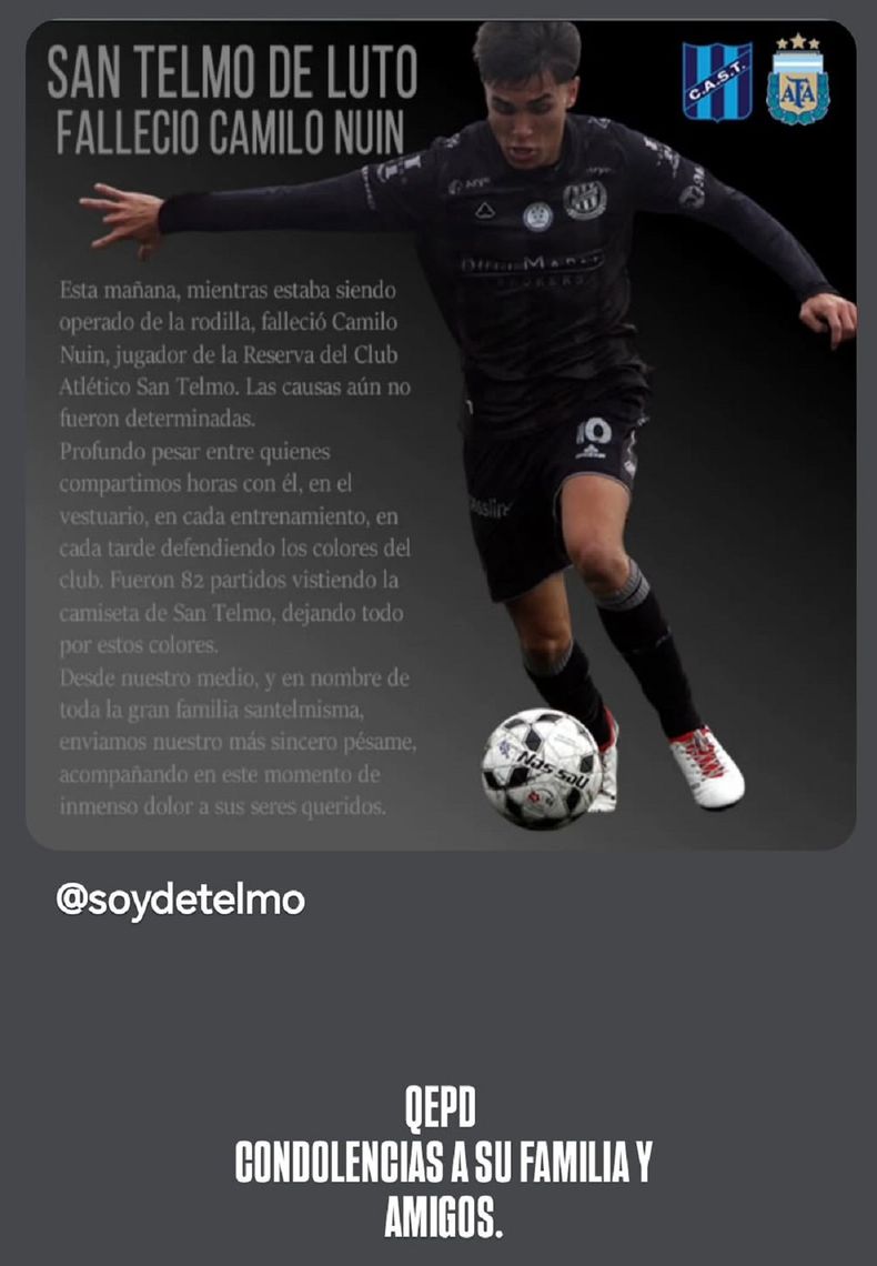 La dolorosa despedida a Camilo Nuin, el futbolista de San Telmo que ...