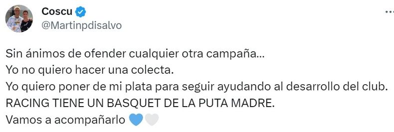 Coscu inició una campaña por Racing