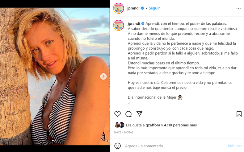 El emotivo mensaje de Julieta Prandi en el Día de la Mujer: No permitamos que nadie nos baje el ...