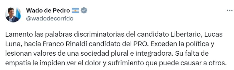 Wado de Pedro cruzó a un precandidato de Milei por discriminar a Franco ...