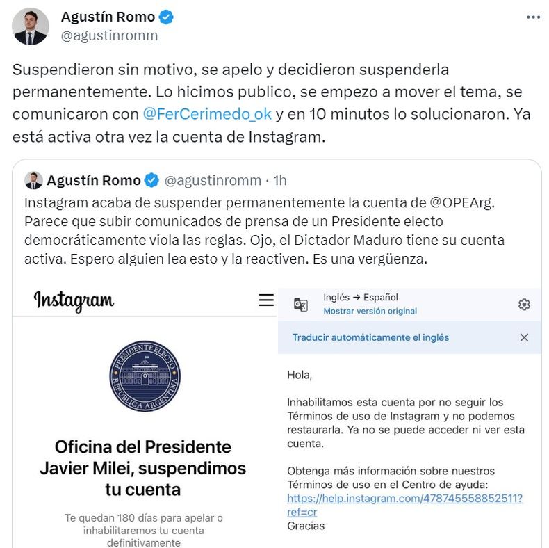 Suspendieron momentáneamente la cuenta oficial de la Oficina del Presidente Javier Milei: los ...