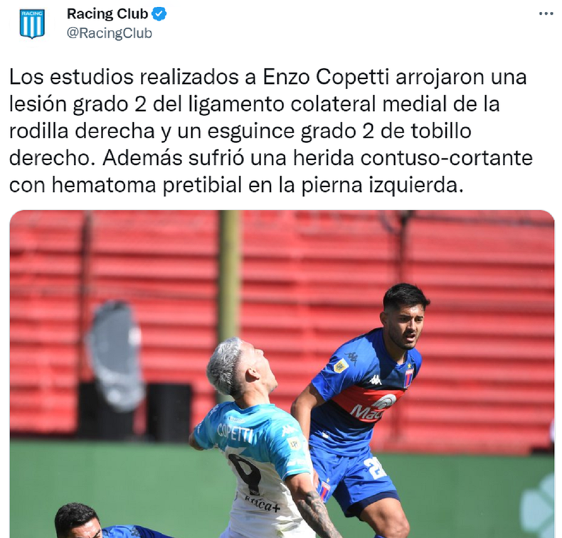 Racing: se confirmó la lesión de Copetti