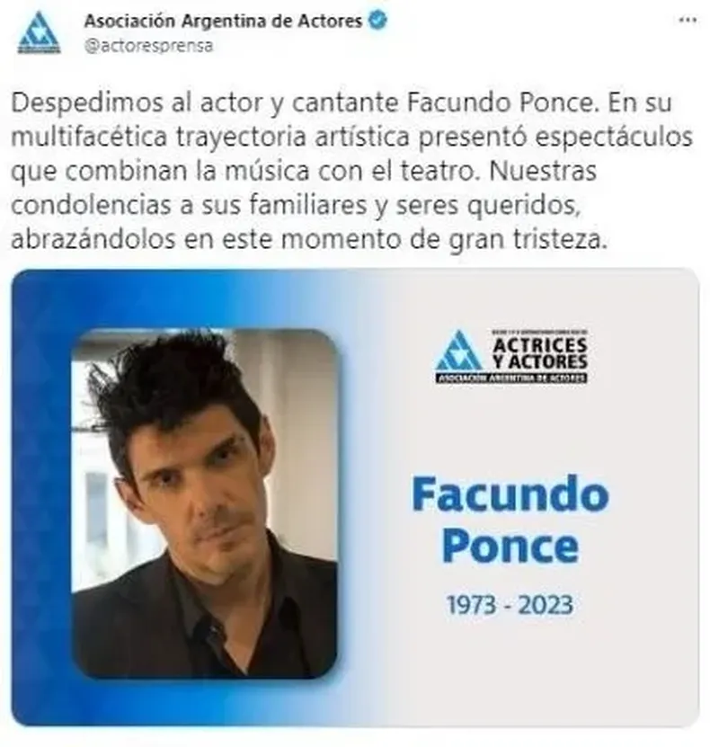 Conmoción en el mundo del espectáculo: murió el actor Facundo Ponce a ...