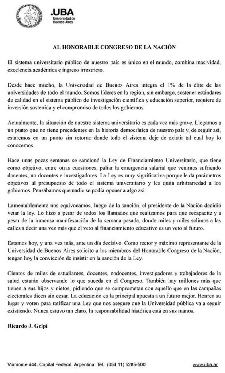 Fuerte carta de la UBA al Congreso, en medio del debate sobre el veto ...