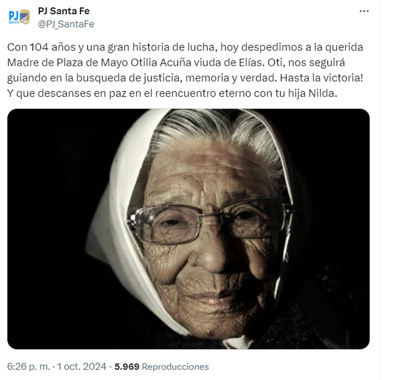 Falleció Otilia Acuña, integrante de Madres de Plaza de Mayo de Santa Fe