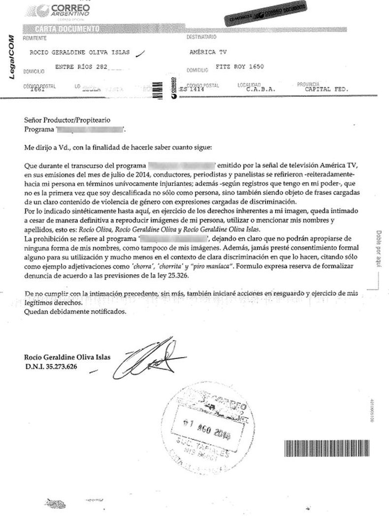 Bozal legal: la carta documento de Rocío Oliva a los medios