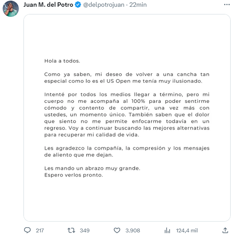 Del Potro confirmó que no jugará el US Open 2023: Mi cuerpo no me acompaña