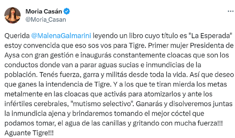 El contundente mensaje de apoyo de Moria Casán a la precandidatura de Malena Galmarini en Tigre
