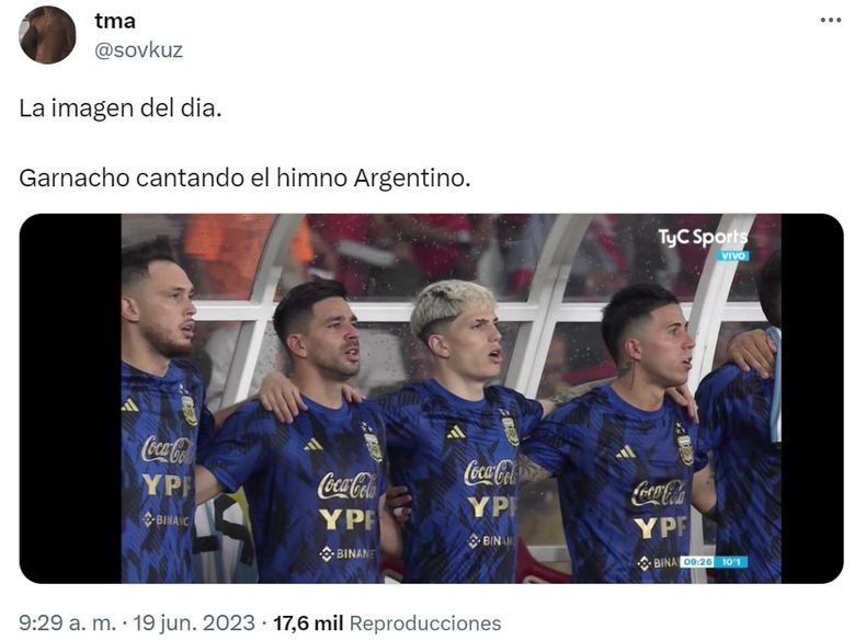 La emotiva reacción de Garnacho durante el himno con la Selección argentina