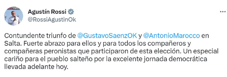 Agustín Rossi destacó el contundente triunfo de Gustavo Sáenz en Salta